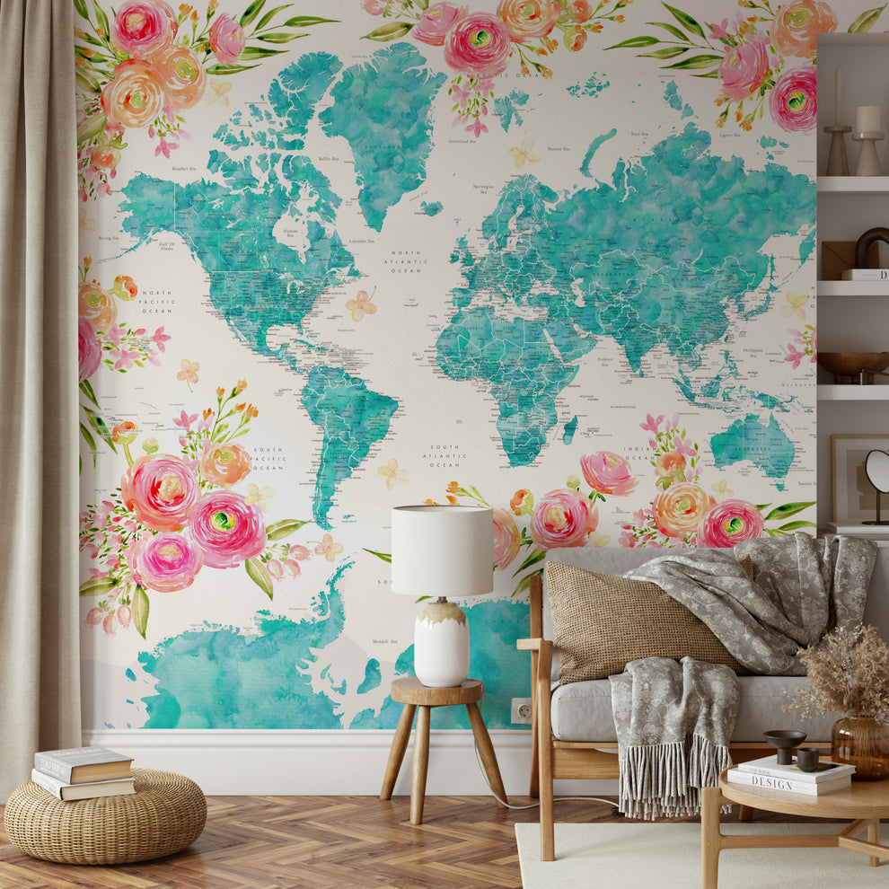 Teal Map Wallpaper – Serene Watercolor Global Style