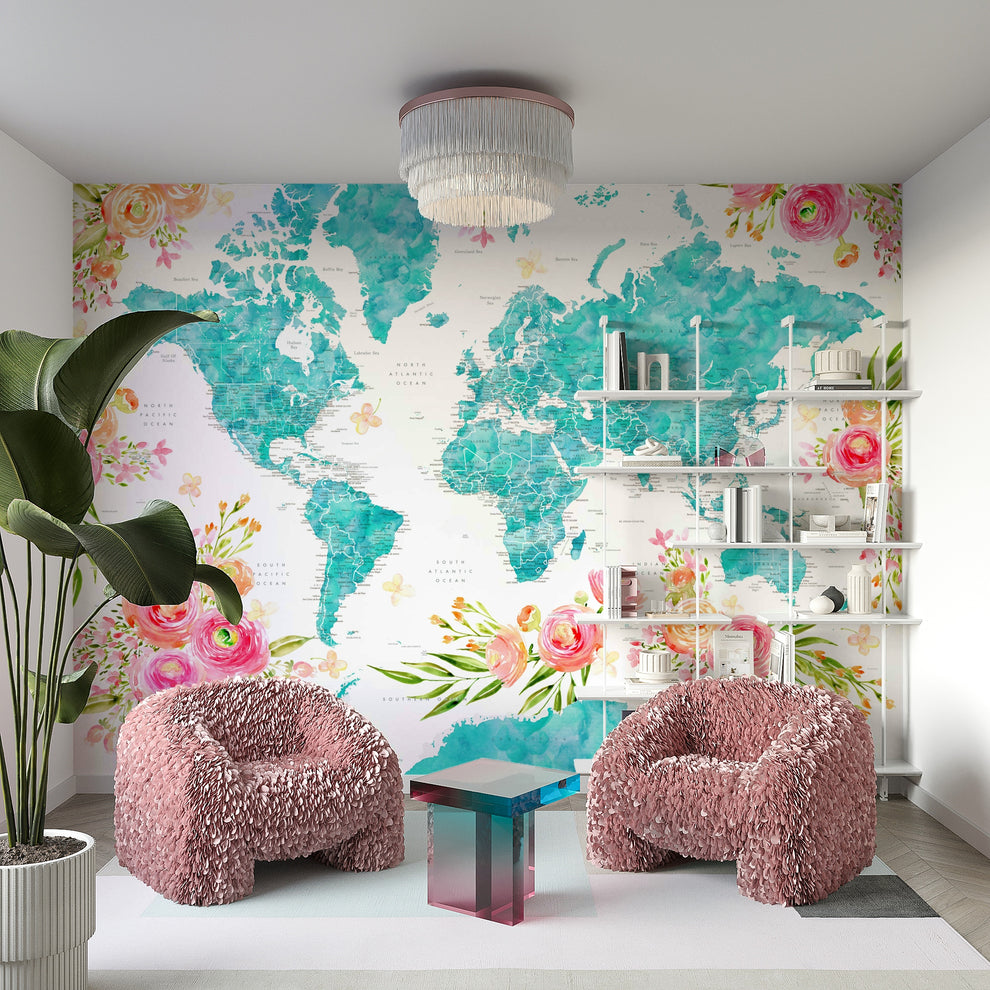 Teal Map Wallpaper – Serene Watercolor Global Style
