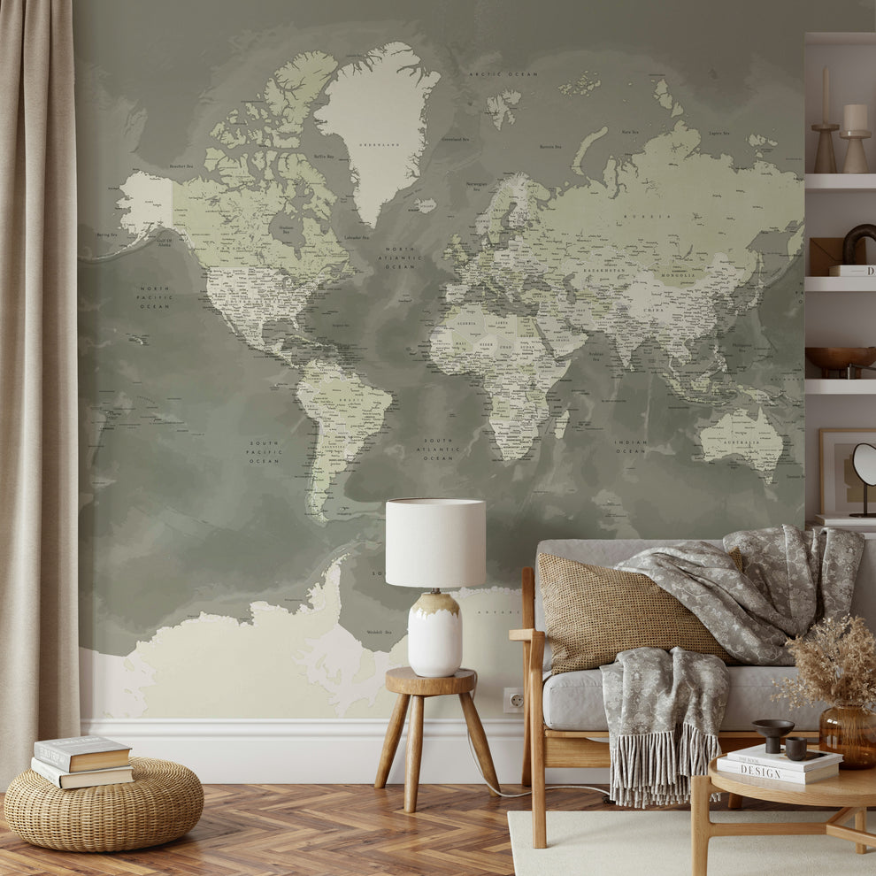 Neutral Green Map Wallpaper – Calm Watercolor Style