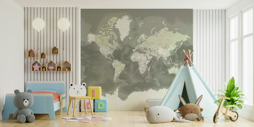 Neutral Green Map Wallpaper – Calm Watercolor Style