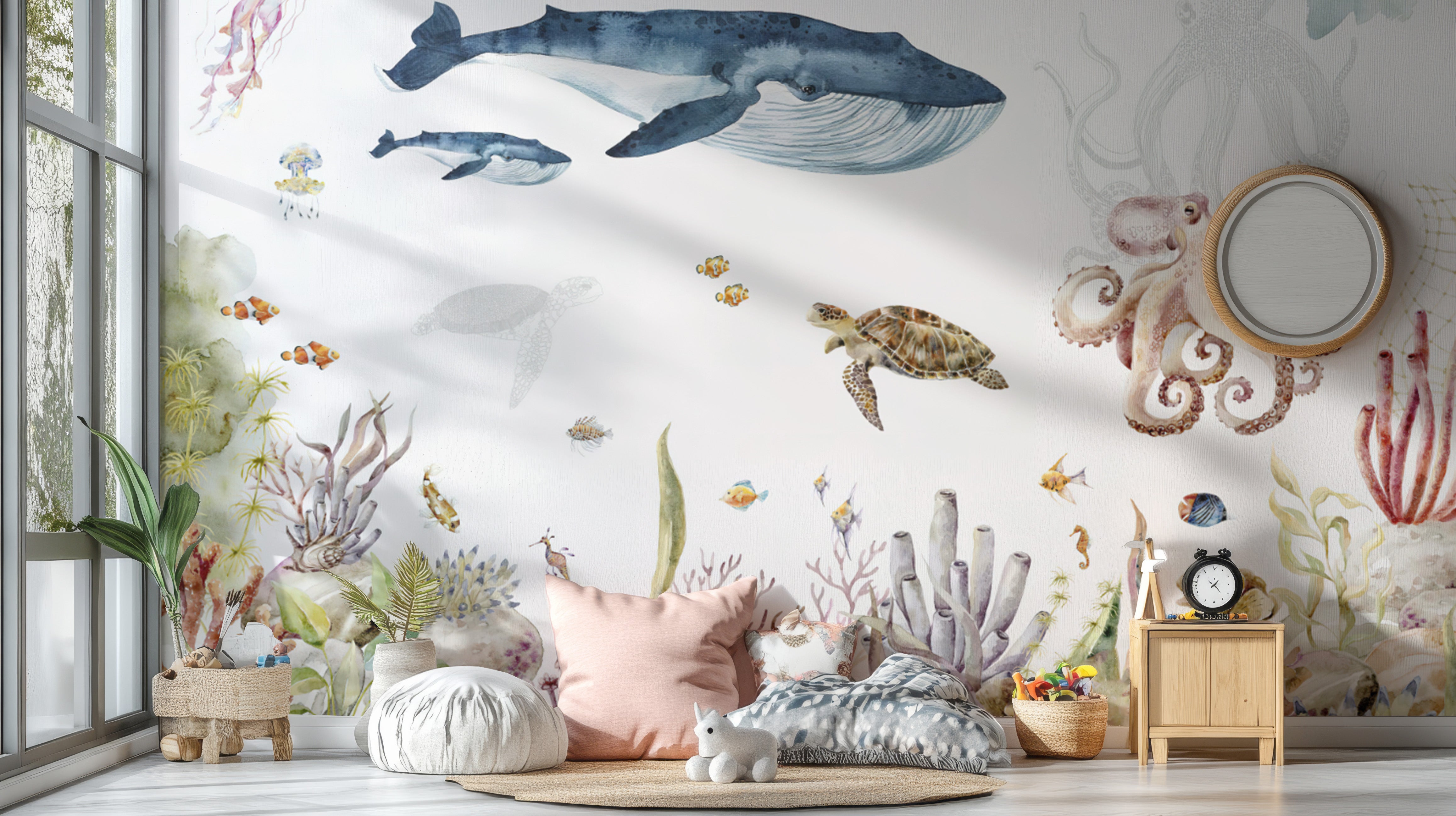 Watercolor Ocean Life Wall Mural | Underwater Marine Art