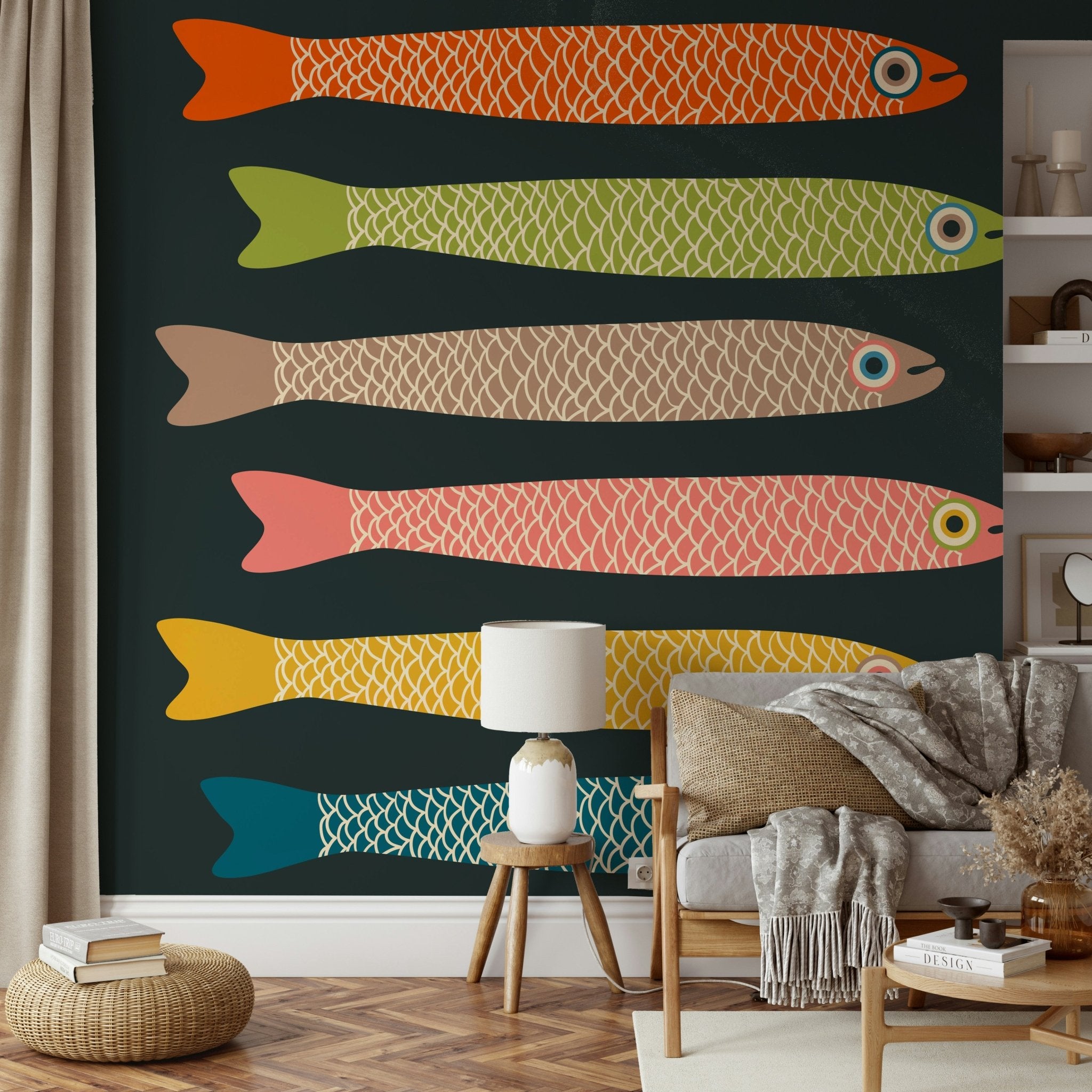 Anchovies Retro Vintage Fish on Charcoal Wall Mural – Bold Design