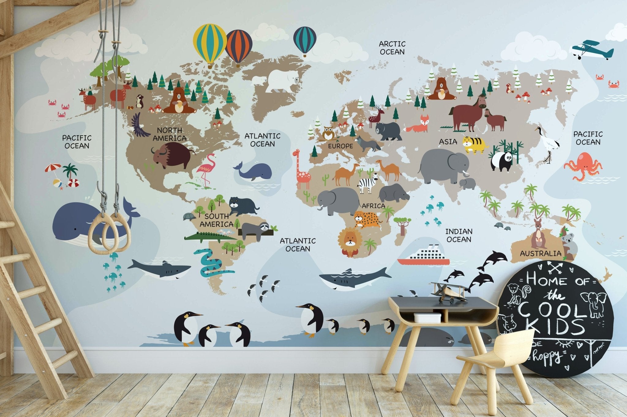 World Map Animal Adventure Wallpaper Educational & Fun Kids Mural