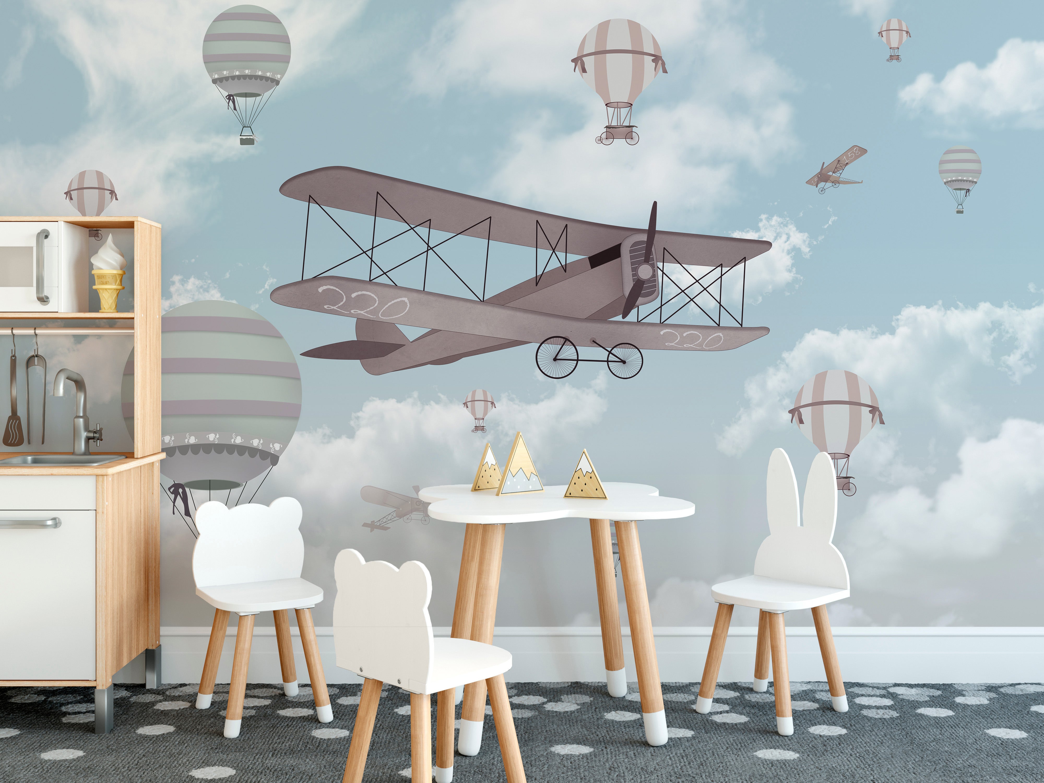 Biplane In The Sky Kids Room Blue Color Wallpaper wall Mural