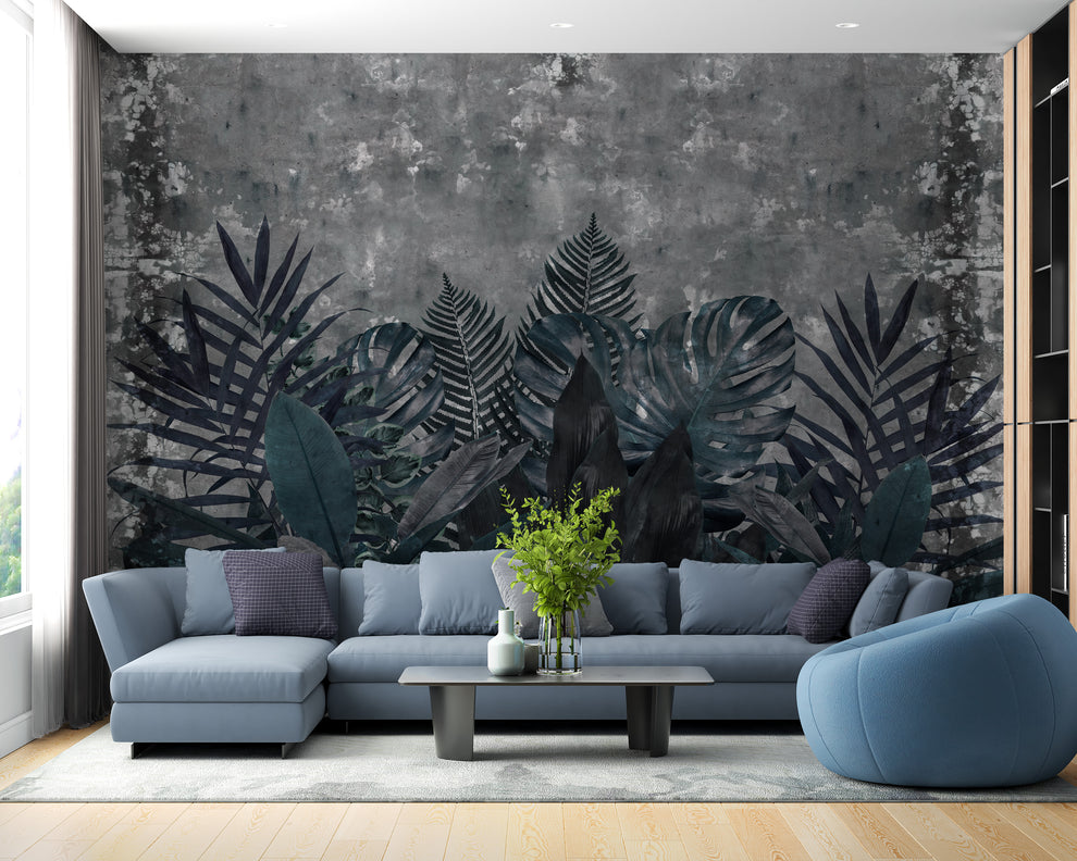 Removable Dark Rustic Effect Tropical Leaf Wallpaper Murals