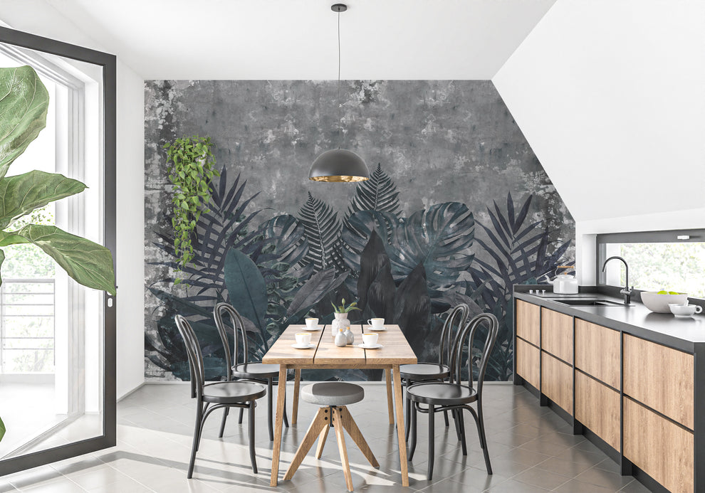 Removable Dark Rustic Effect Tropical Leaf Wallpaper Murals
