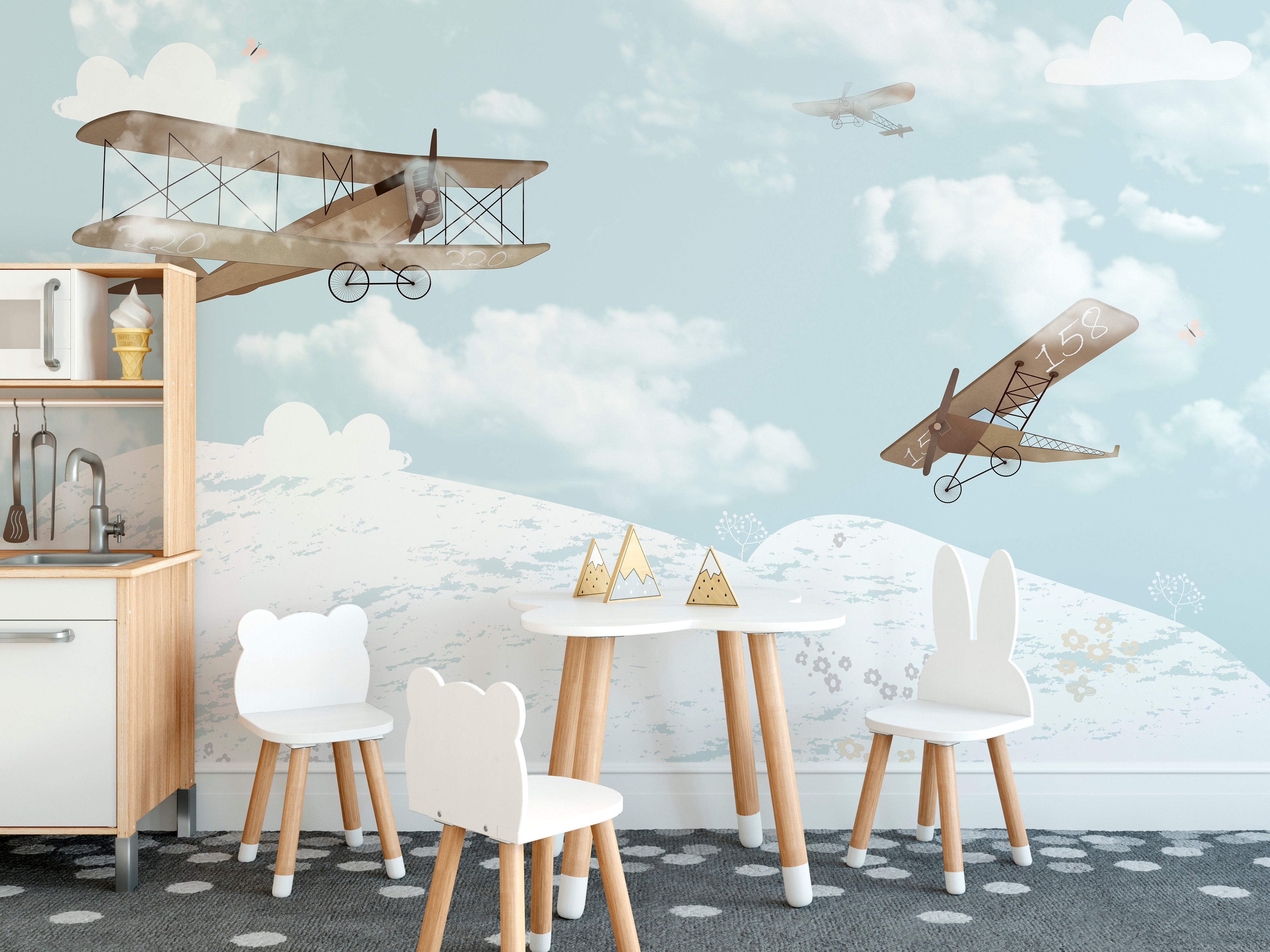Modern Biplane in the Sky Kids Room Wallpaper Murals Design