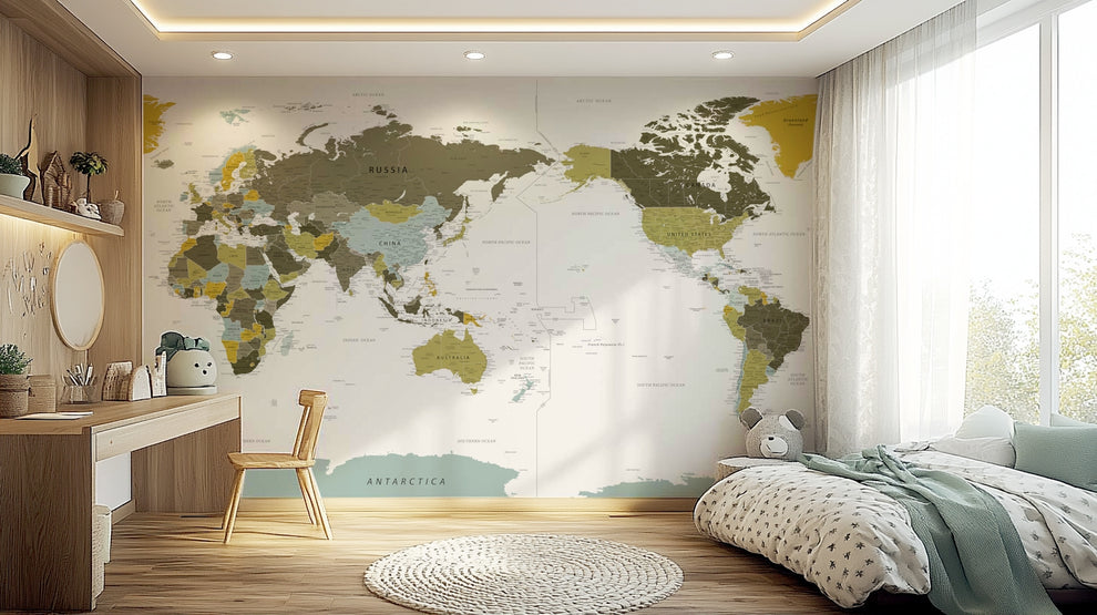 Pacific World Map Olive Green Wall Mural Design