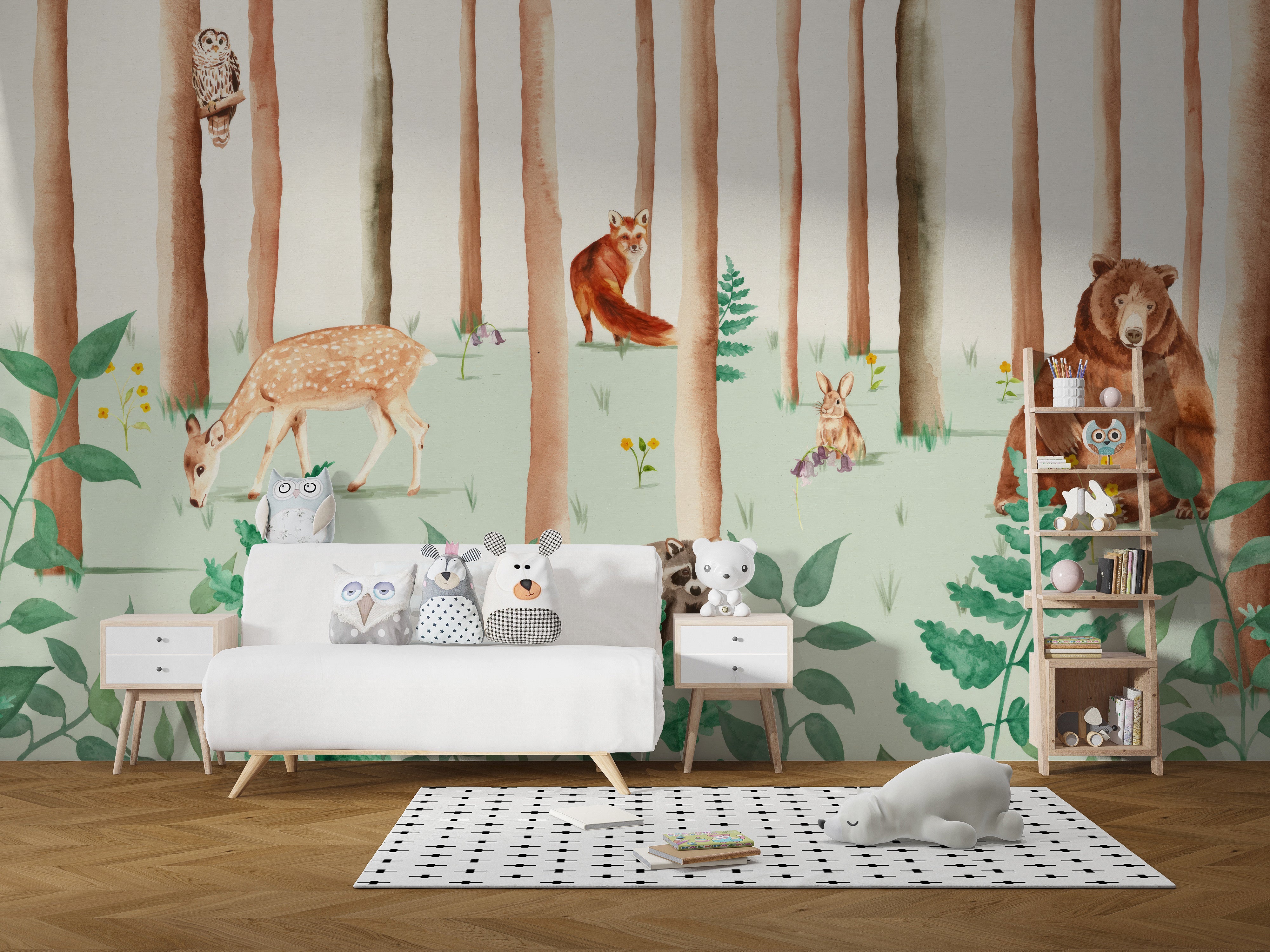 Watercolor Woodland Storybook Wildlife Wall Mural for Kids