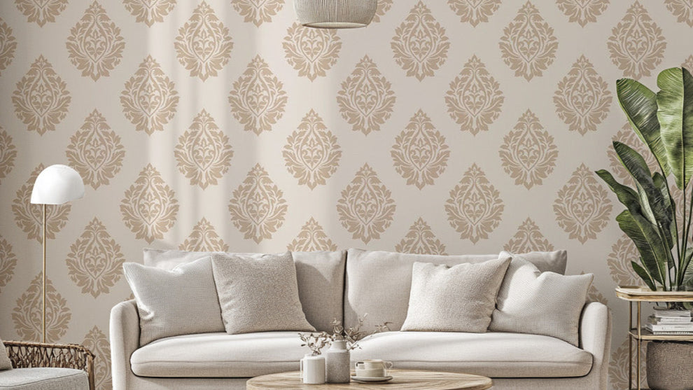 Victorian Beige Damask Wallpaper - Classic Wall Style